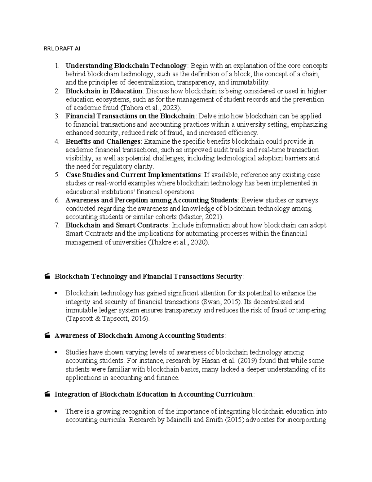RRL Draft AI - RRL DRAFT AI 1. Understanding Blockchain Technology: Begin with an explanation of ...