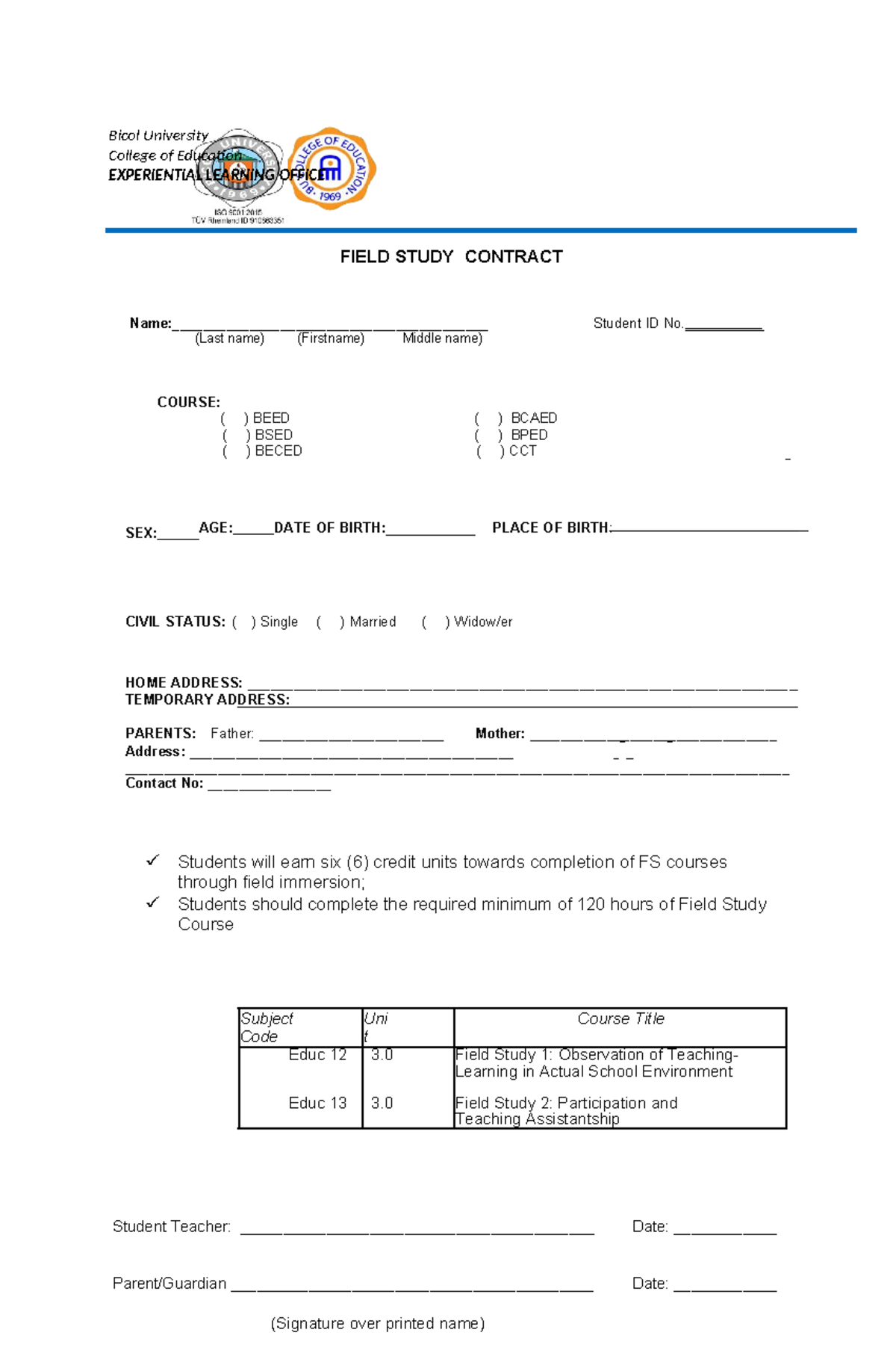 FS-Training-Contract - FIELD STUDY CONTRACT Name