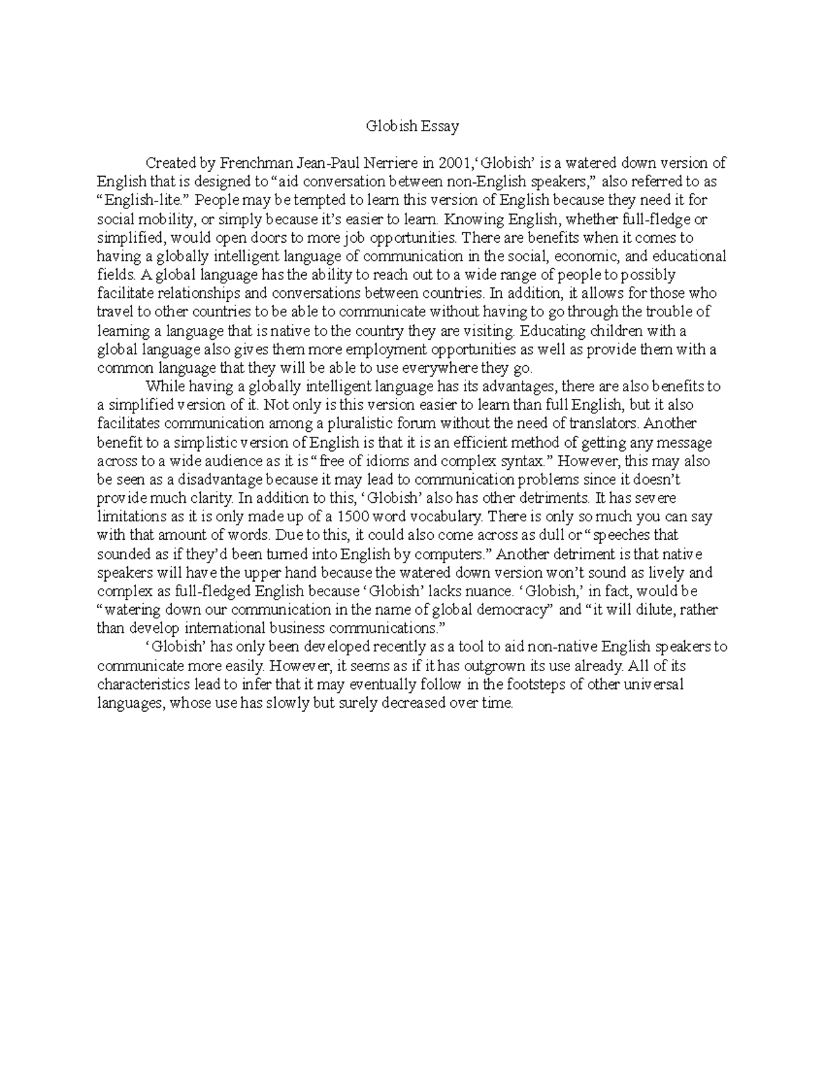 Globish Essay - Globish Essay Created by Frenchman Jean-Paul Nerriere ...