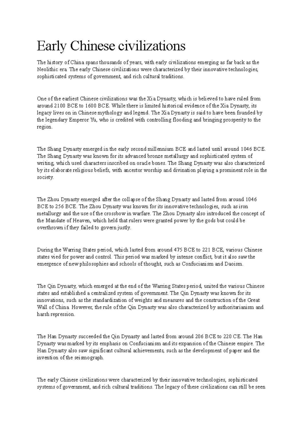 Early Chinese civilizations - The early Chinese civilizations were ...