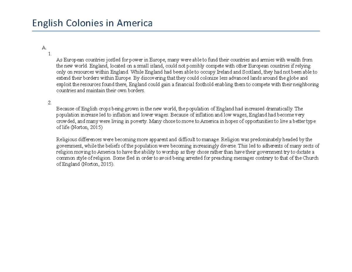 US History Task 1 - English Colonies in America A. 1. As European ...