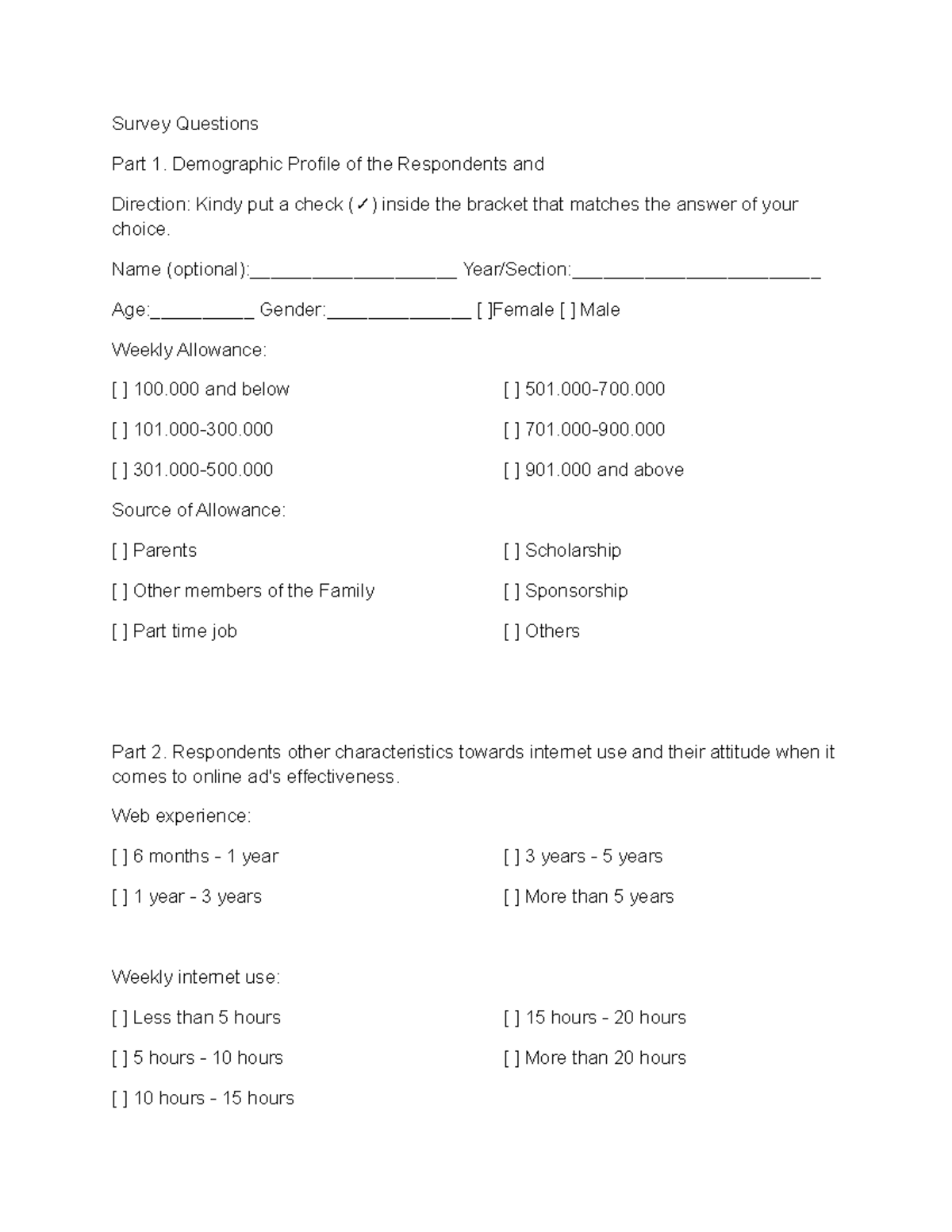 Research Questionnaire for Effectiveness of Internet advertising on ...