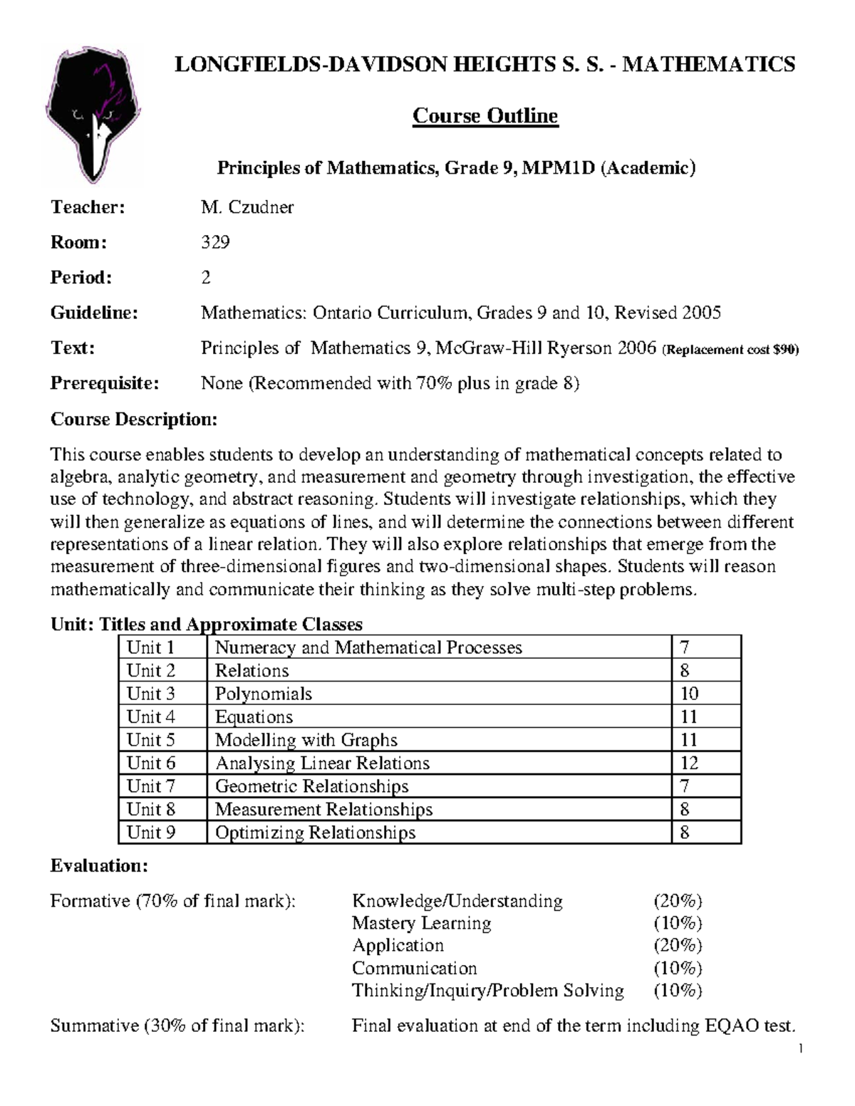 MPM1DCourse Outline 2010 - 1 LONGFIELDS-DAVIDSON HEIGHTS S. S ...