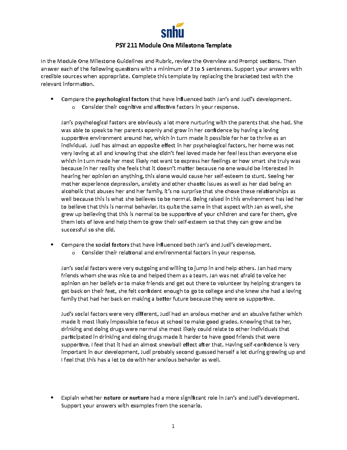 PSY 211 Module One Milestone Template complete - PSY211 - SNHU - Studocu