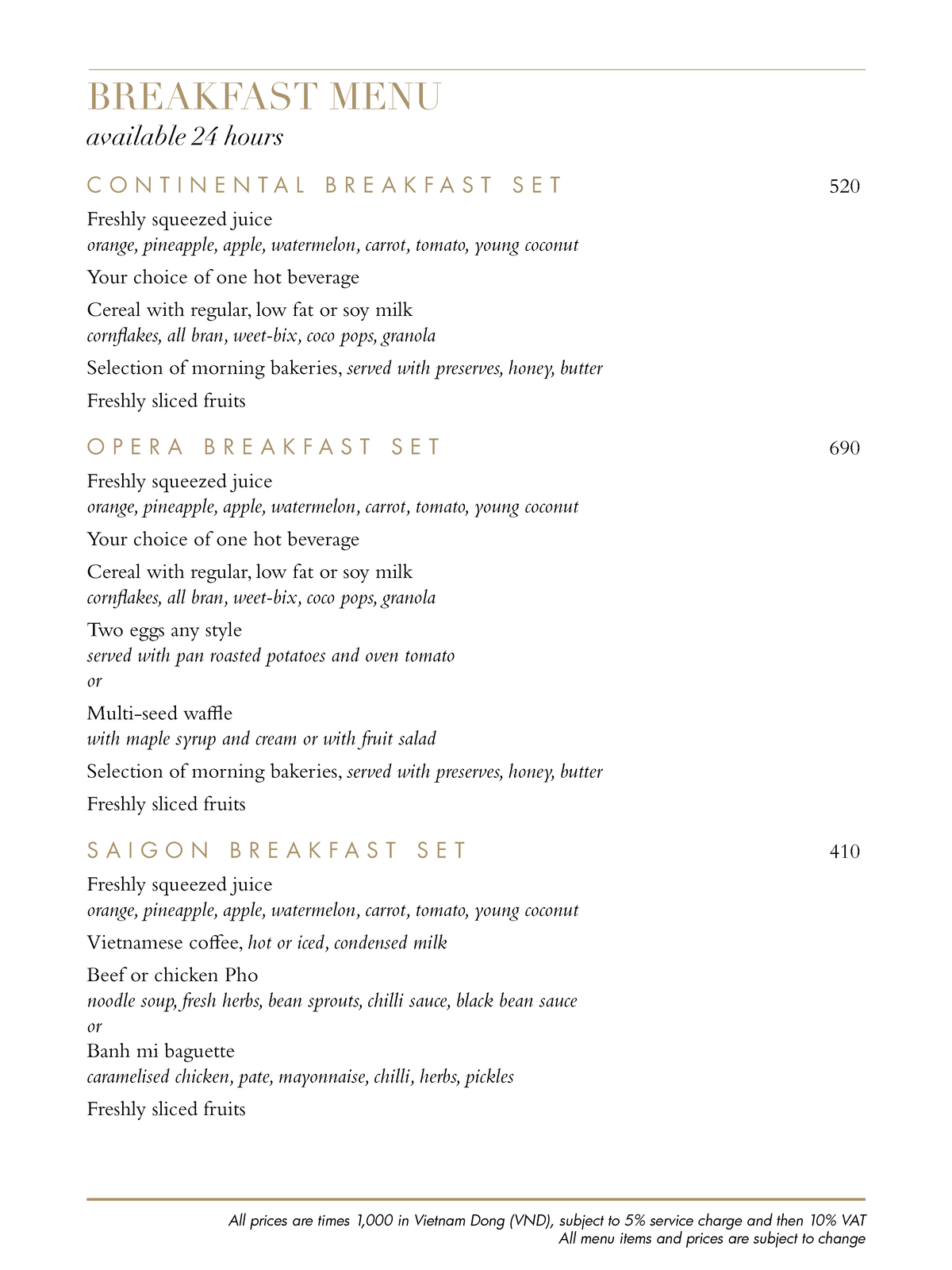 Breakfast menu - menu tối - All prices are times 1,000 in Vietnam Dong ...