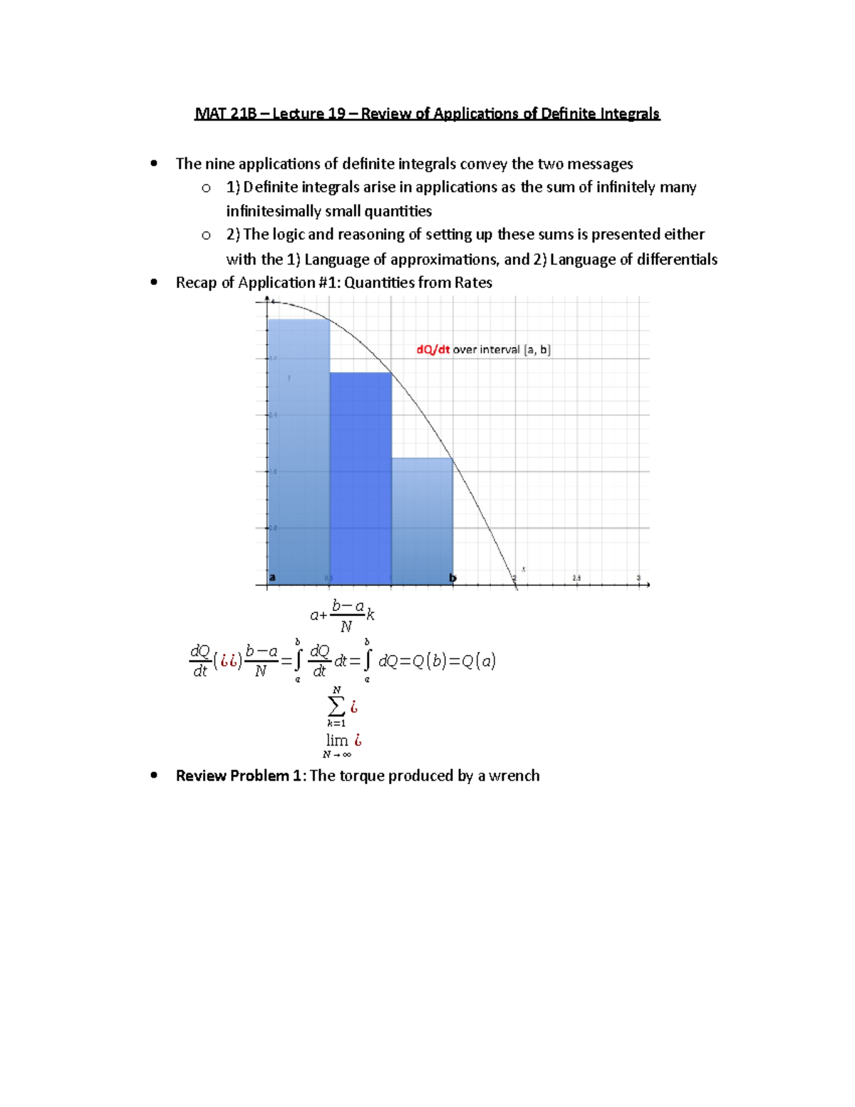 MAT 21B – Lecture 19 – Review of Applications of Definite Integrals ...