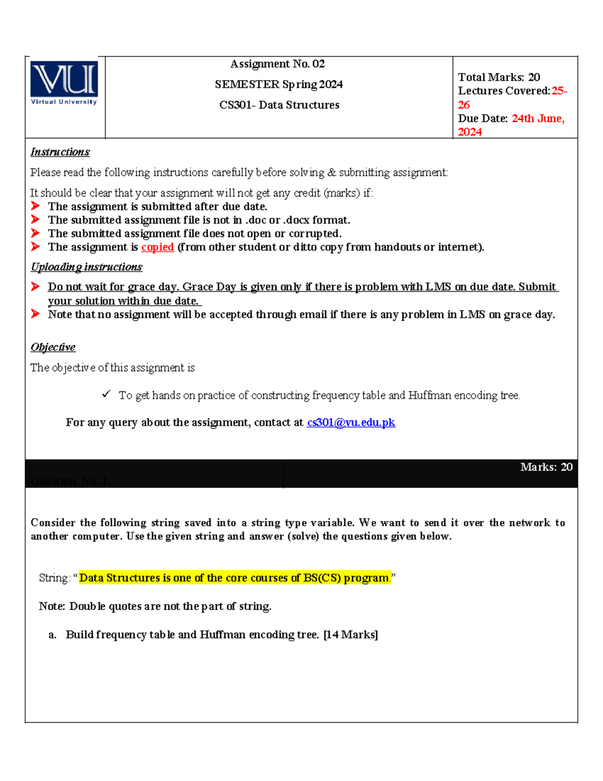 Spring 2024 Cs301 2 Assignment No 02 Semester Spring 2024 Cs301 Data Structures Total Marks