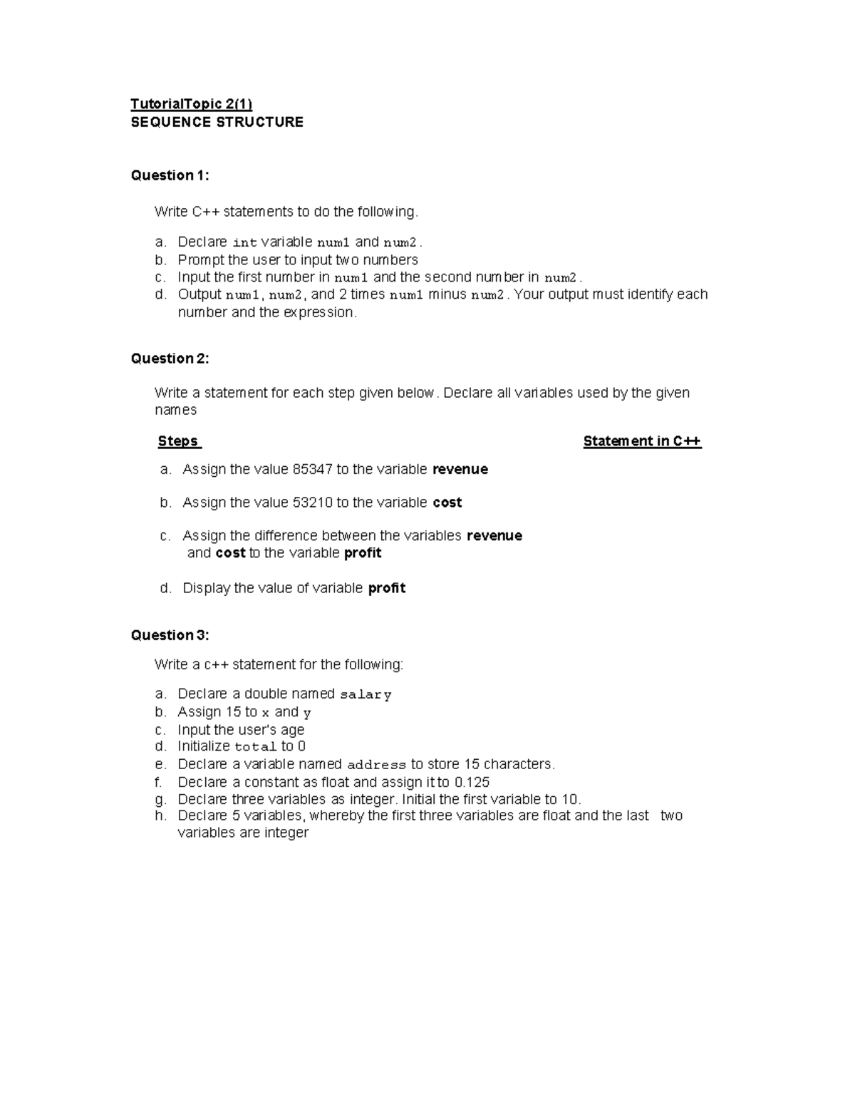 Tutorial Topic 2 This Article Tells Tutorialtopic 21 Sequence Structure Question 1 Write 9759