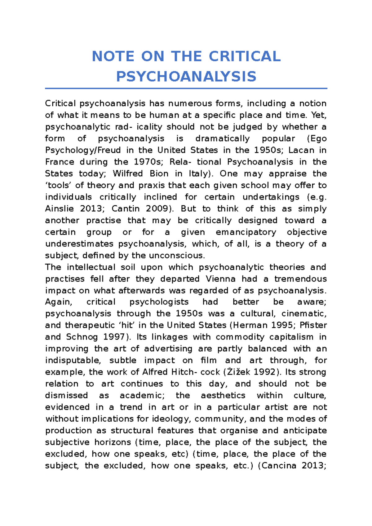 NOTE ON THE Critical Psychoanalysis - NOTE ON THE CRITICAL ...