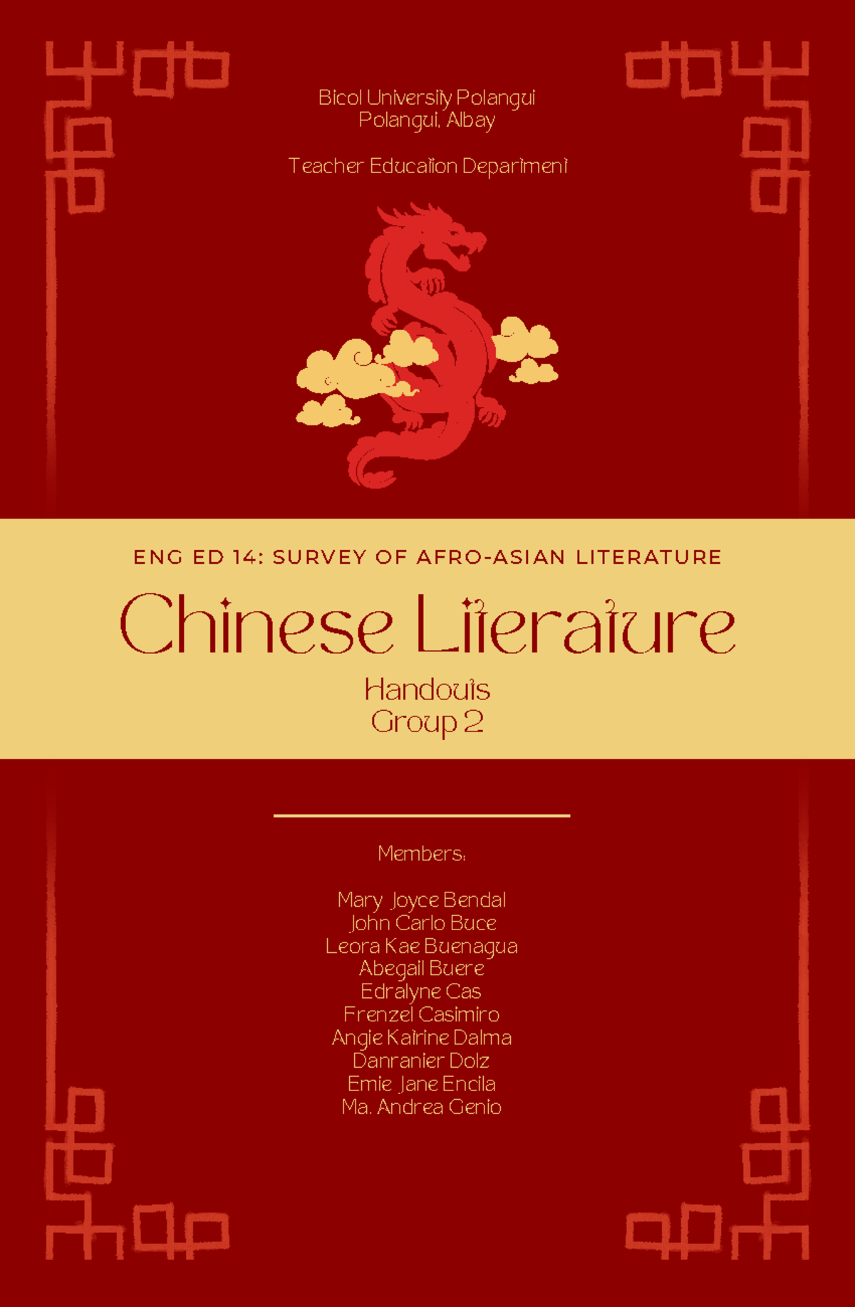 Handouts IN Chinese Literature [ Group 2- Survey OF AFRO- Asian ...