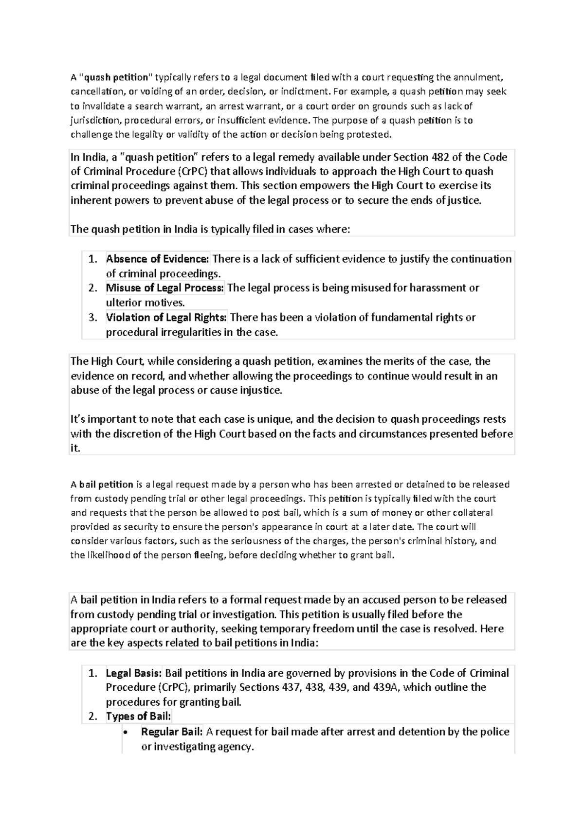 Quash and Bail Petition - A "quash petition" typically refers to a ...