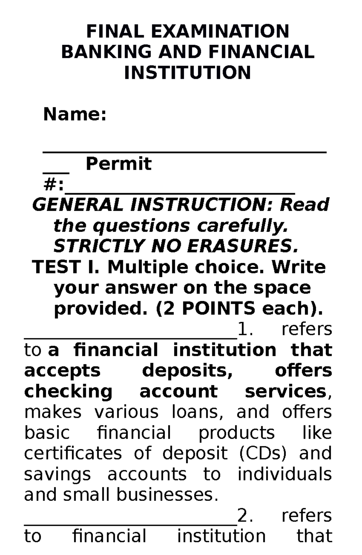 Final exam in banking - Examination - FINAL EXAMINATION BANKING AND ...