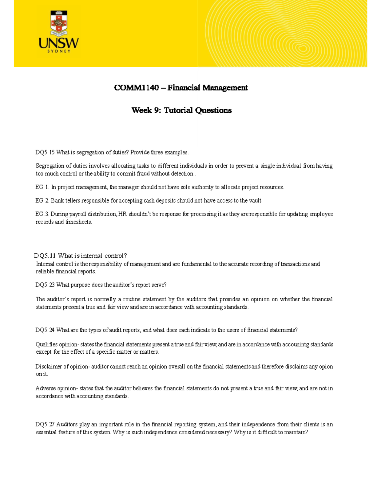 Week 9 Tutorial Questions - COMM 1140 - UNSW Sydney - Studocu