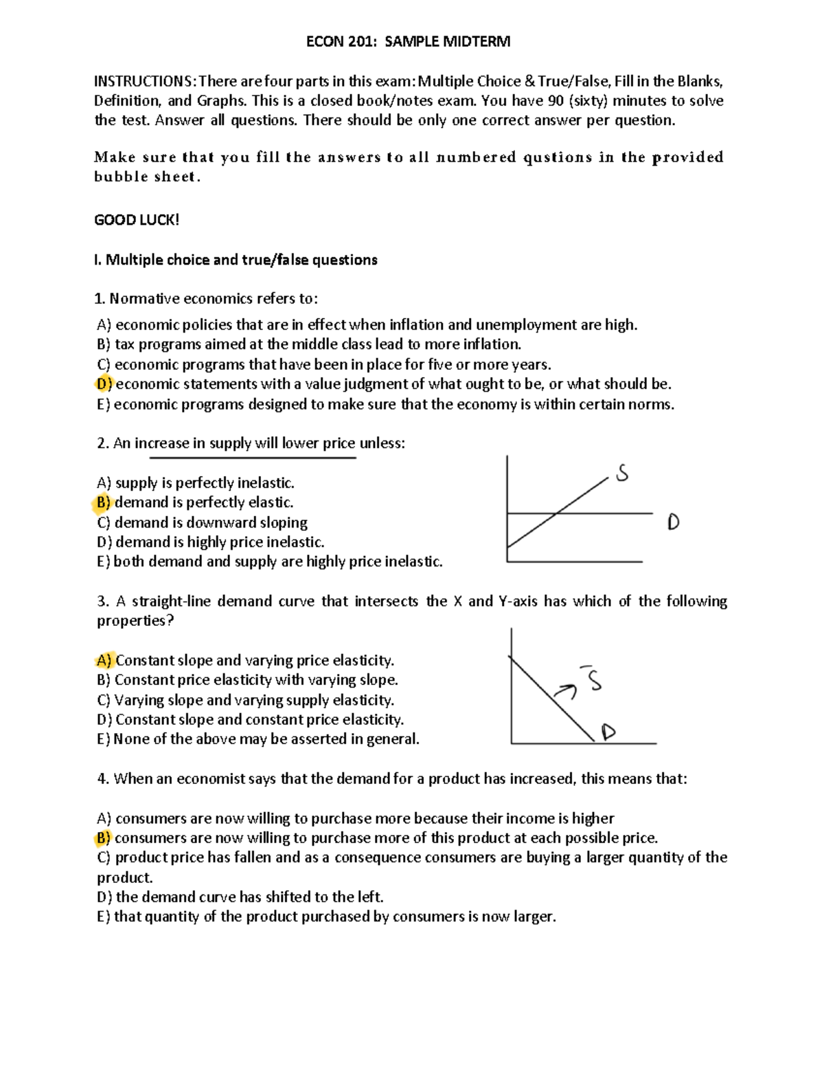 Sample Midterm W24 - ECON 201: SAMPLE MIDTERM INSTRUCTIONS: There are ...