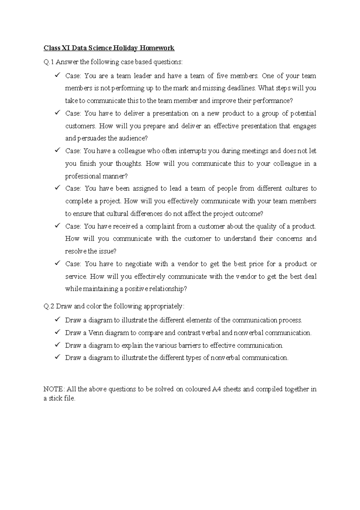 HHW- DS XI - Class XI Data Science Holiday Homework Q Answer the following case based questions ...