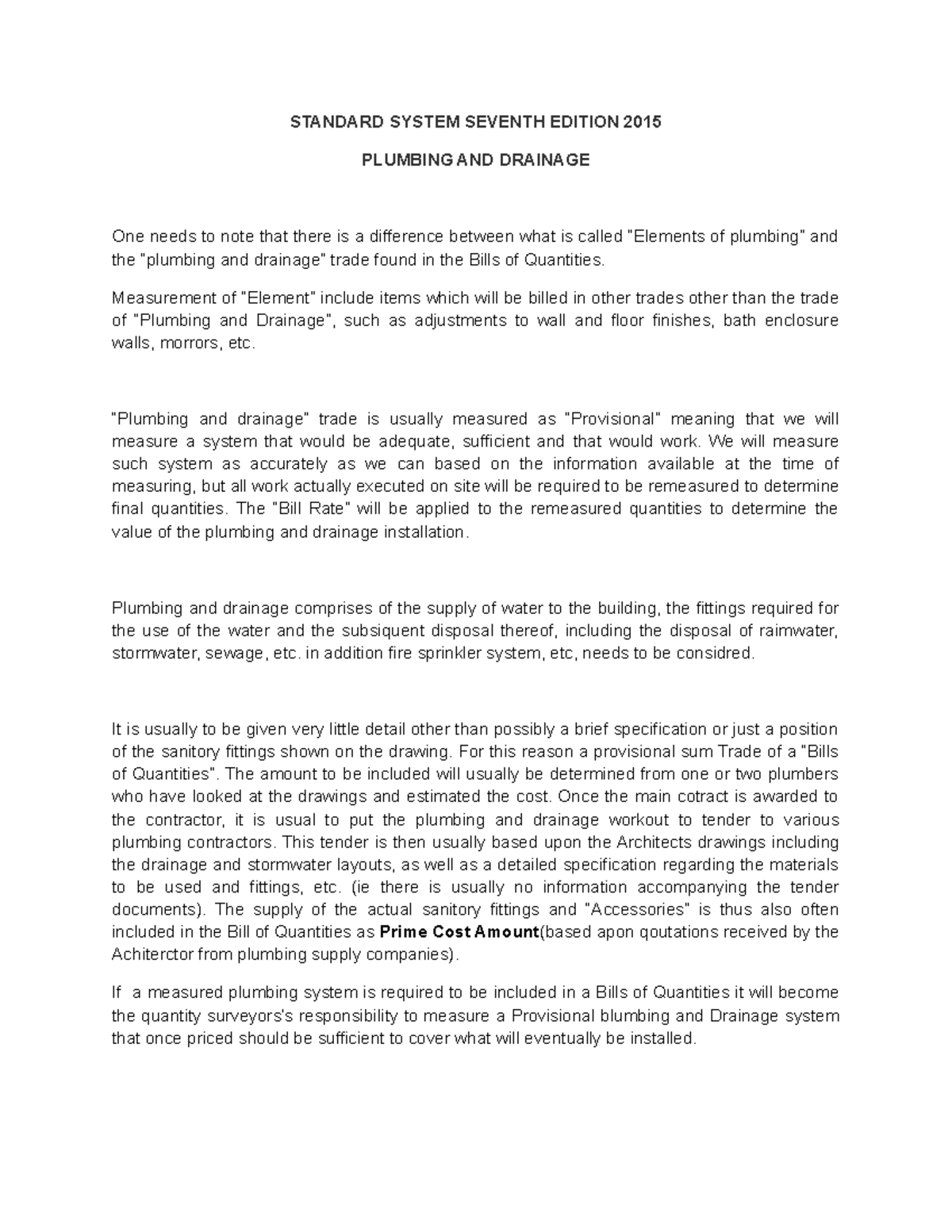 Plumbing notes - STANDARD SYSTEM SEVENTH EDITION 2015 PLUMBING AND ...