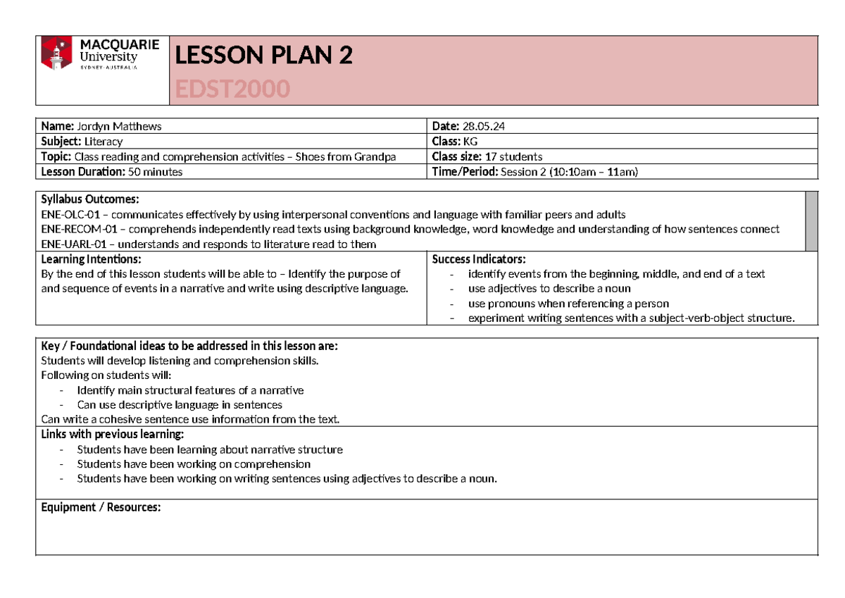 L2 EDST2000 - Lesson Plan Template 2023 - LESSON PLAN 2 EDST Name ...