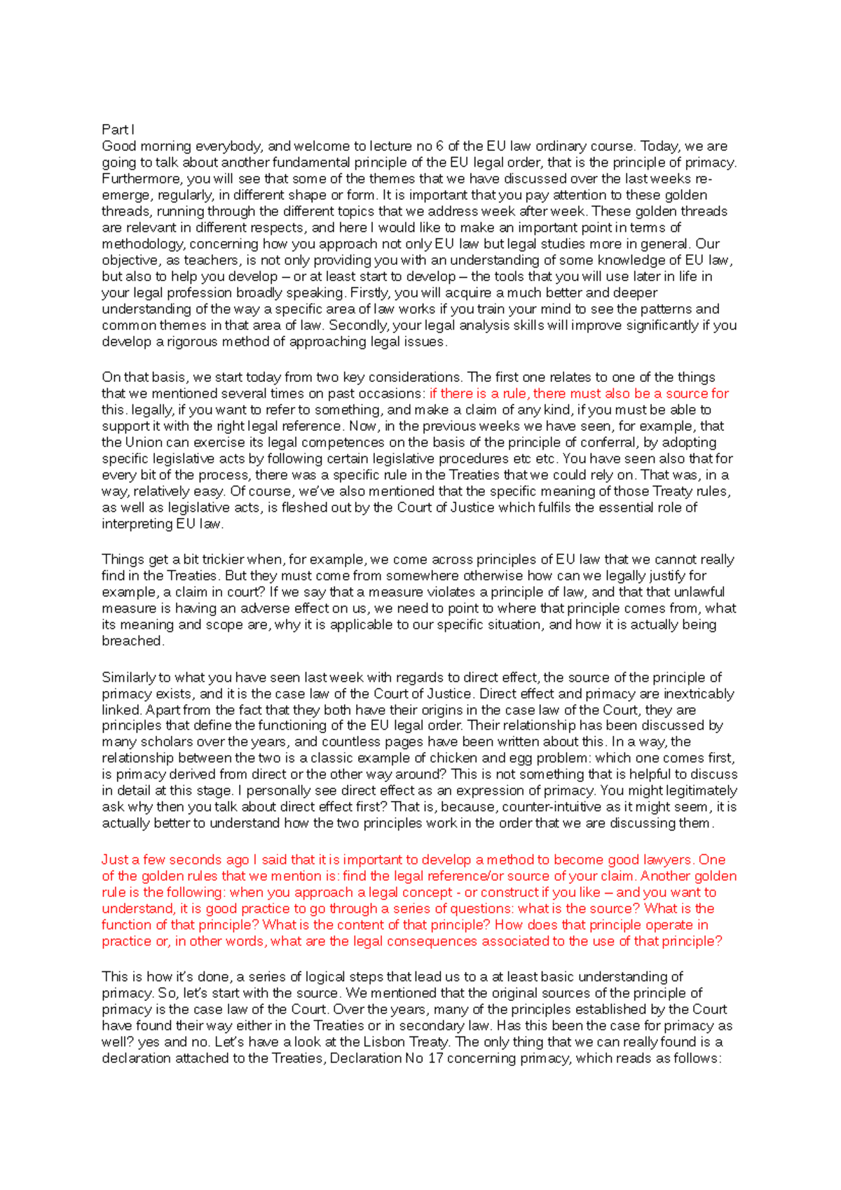 Lecture 6 Script - EU LAW - Part I Good morning everybody, and welcome to lecture no 6 of the EU ...