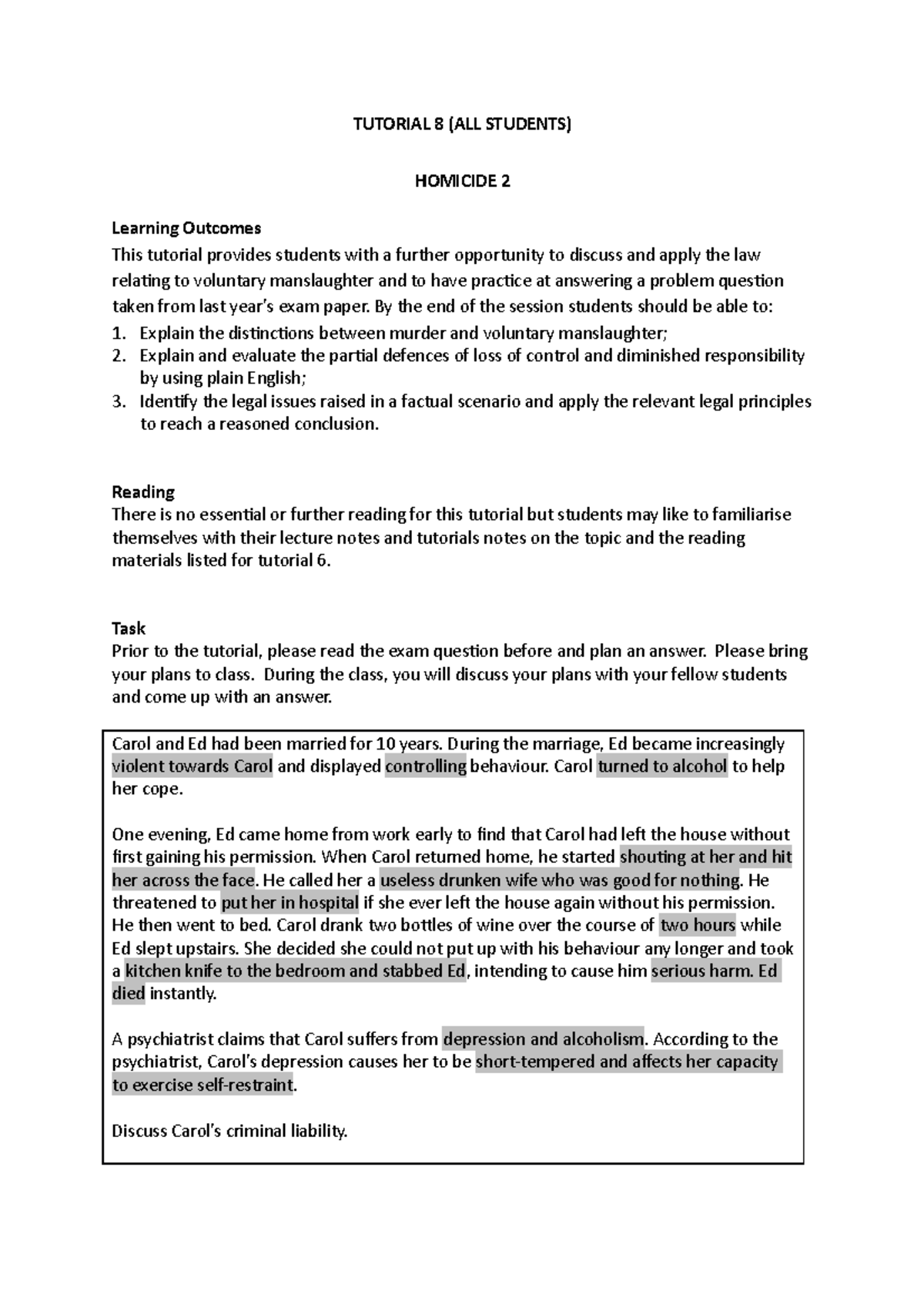 Tutorial 8- homocide - TUTORIAL 8 (ALL STUDENTS) HOMICIDE 2 Learning ...