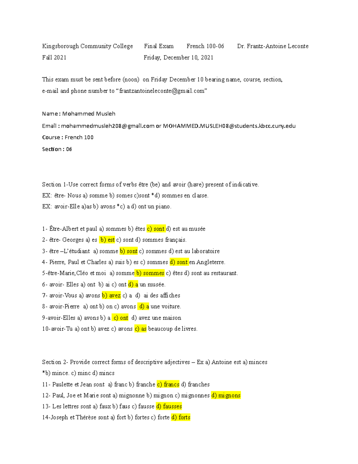 French Exam Sample 3 - Kingsborough Community College Final Exam French ...