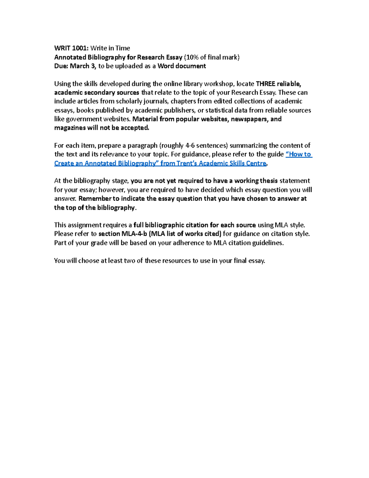 Annotated Bibliography Assignment Sheet - WRIT 1001: Write in Time ...