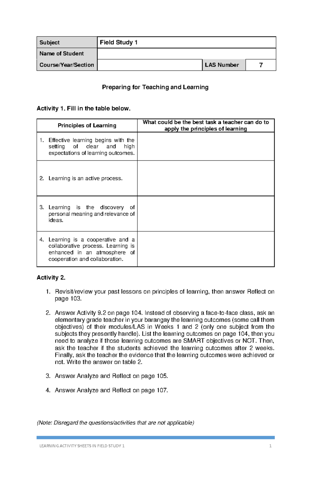 FS 1 LAS 7 - Read - LEARNING ACTIVITY SHEETS IN FIELD STUDY 1 1 Subject ...