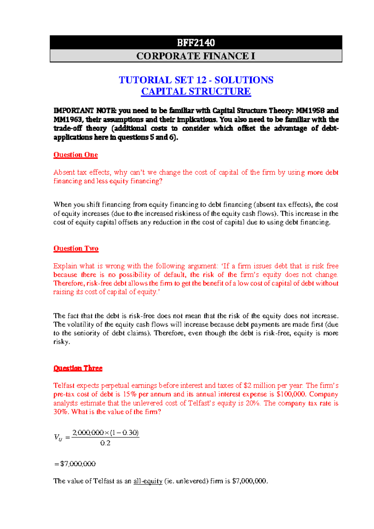 BFF2140 Corporate Finance I Tutorial Set 12 Solutions Capital Structure ...