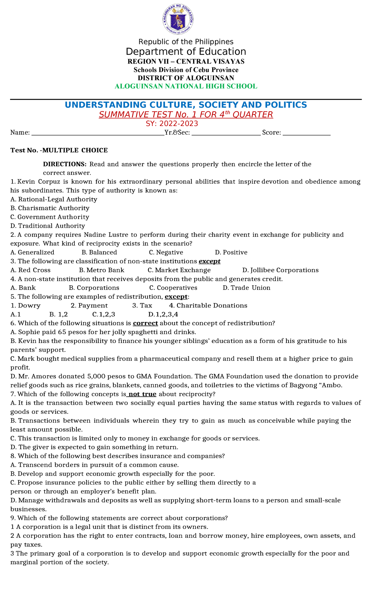 4Q Summative TEST1 UCSP 1 - Republic of the Philippines Department of ...