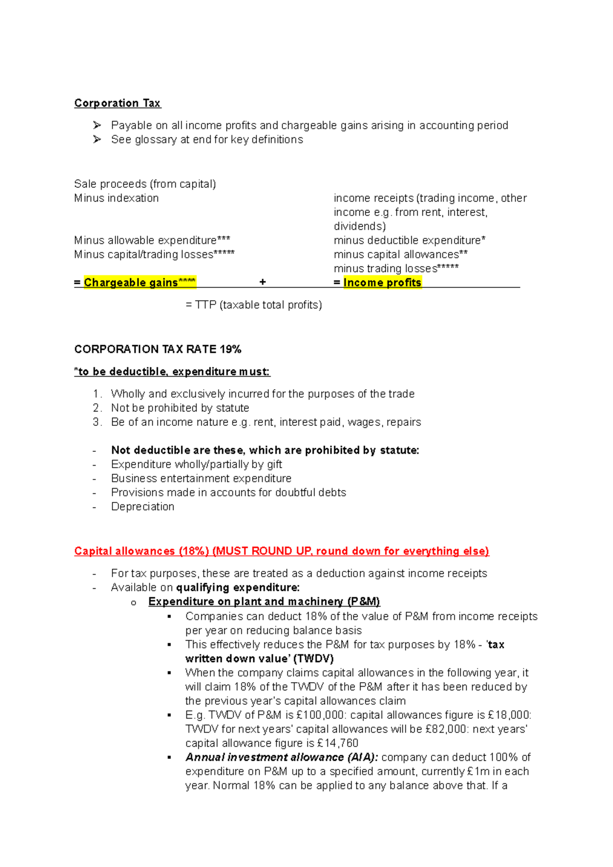 Corporation Tax revision sheet - Corporation Tax Payable on all income ...
