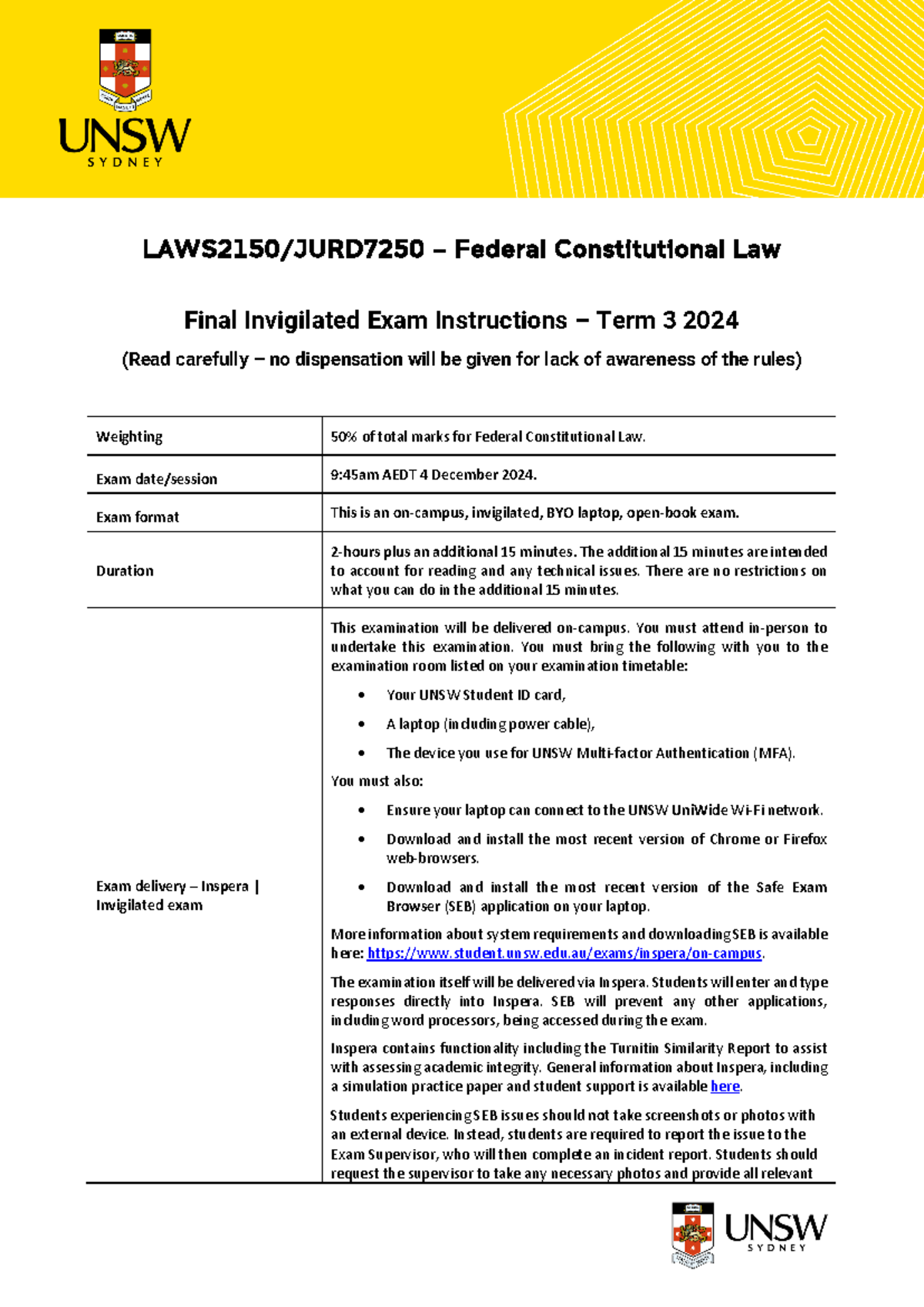 2024 T3 Final-Exam-Instructions- Invigilated-EXAM Fed Con - LAWS 2150 ...