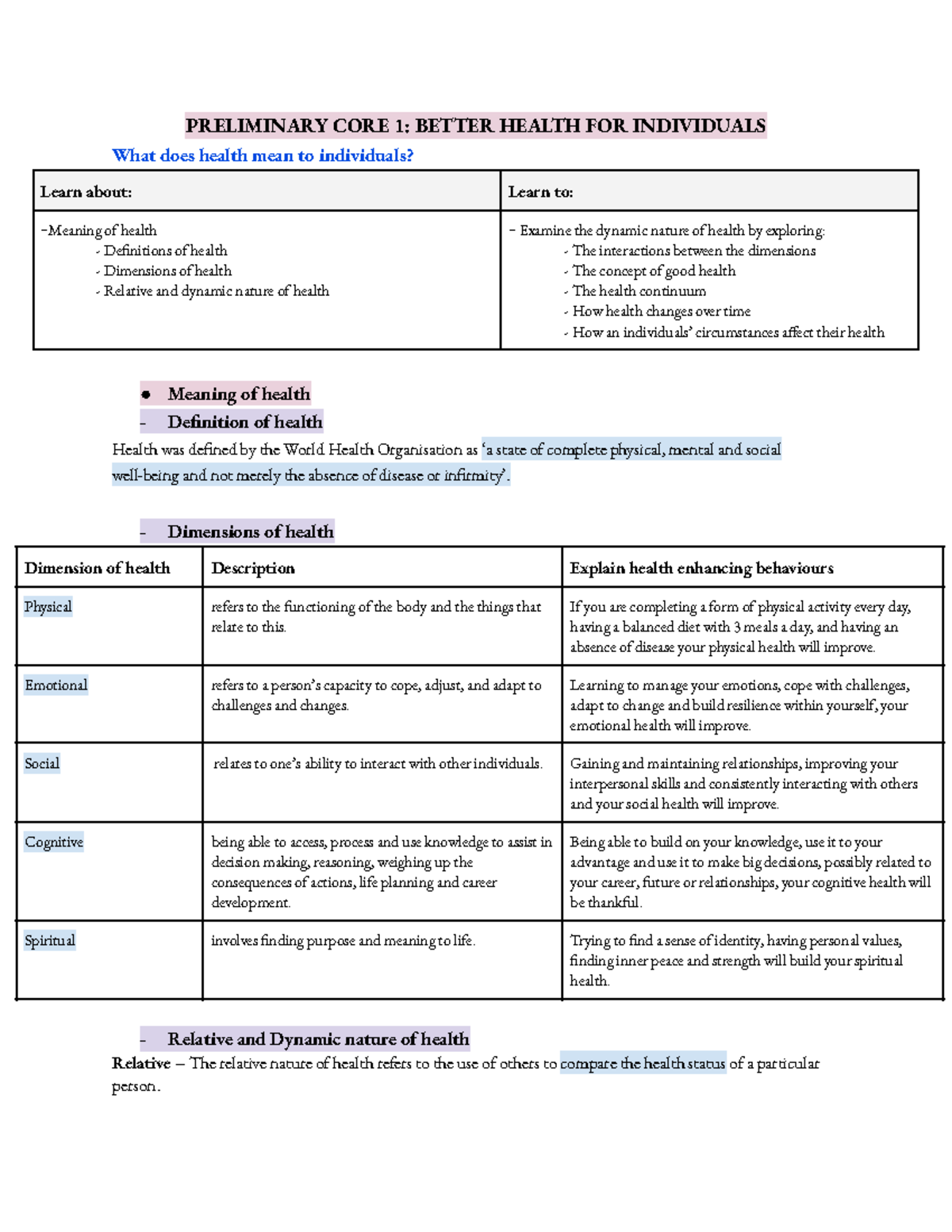 Summary OF CORE 1 Better Health FOR Individuals - PRELIMINARY CORE 1 ...