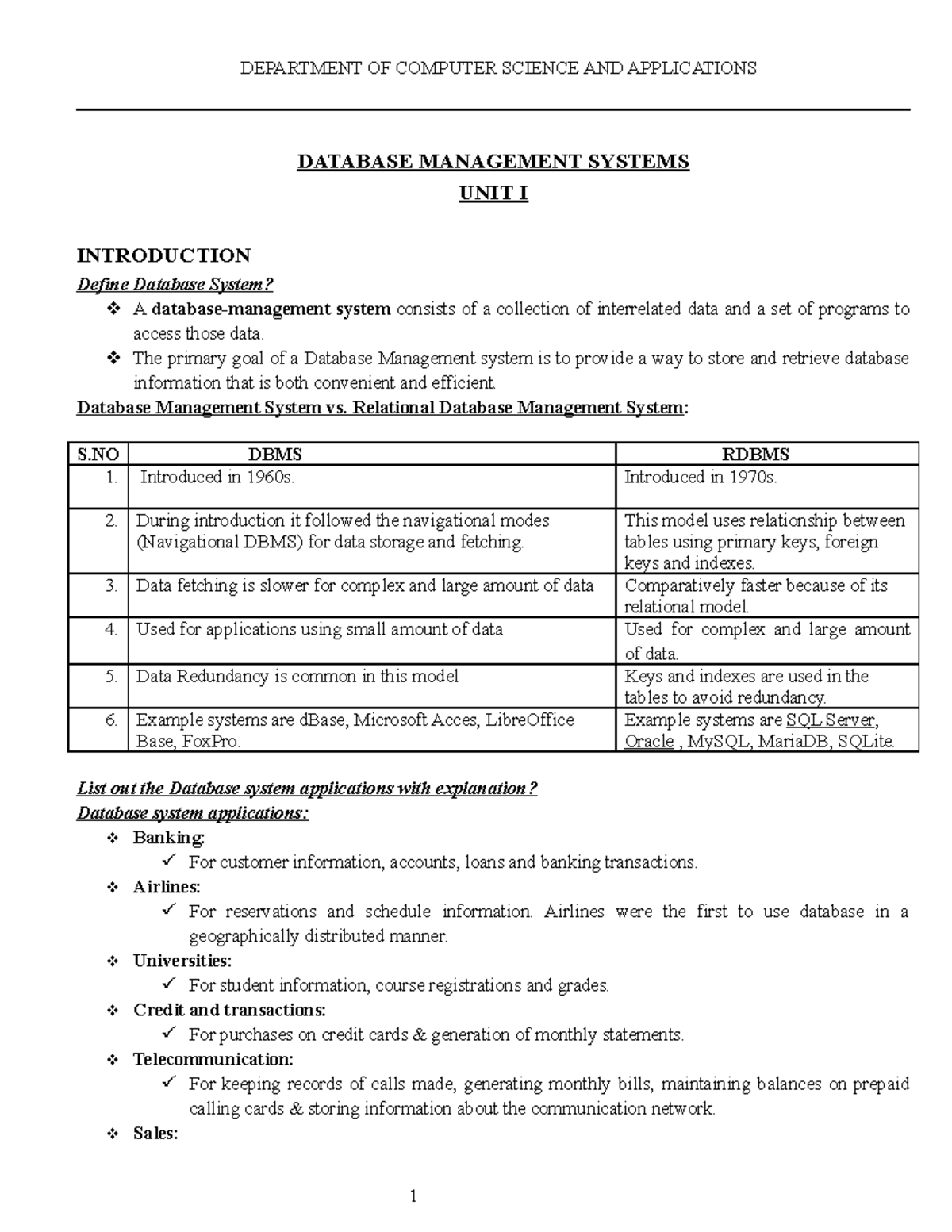 Database Management Syatem Department Of Computer Science And