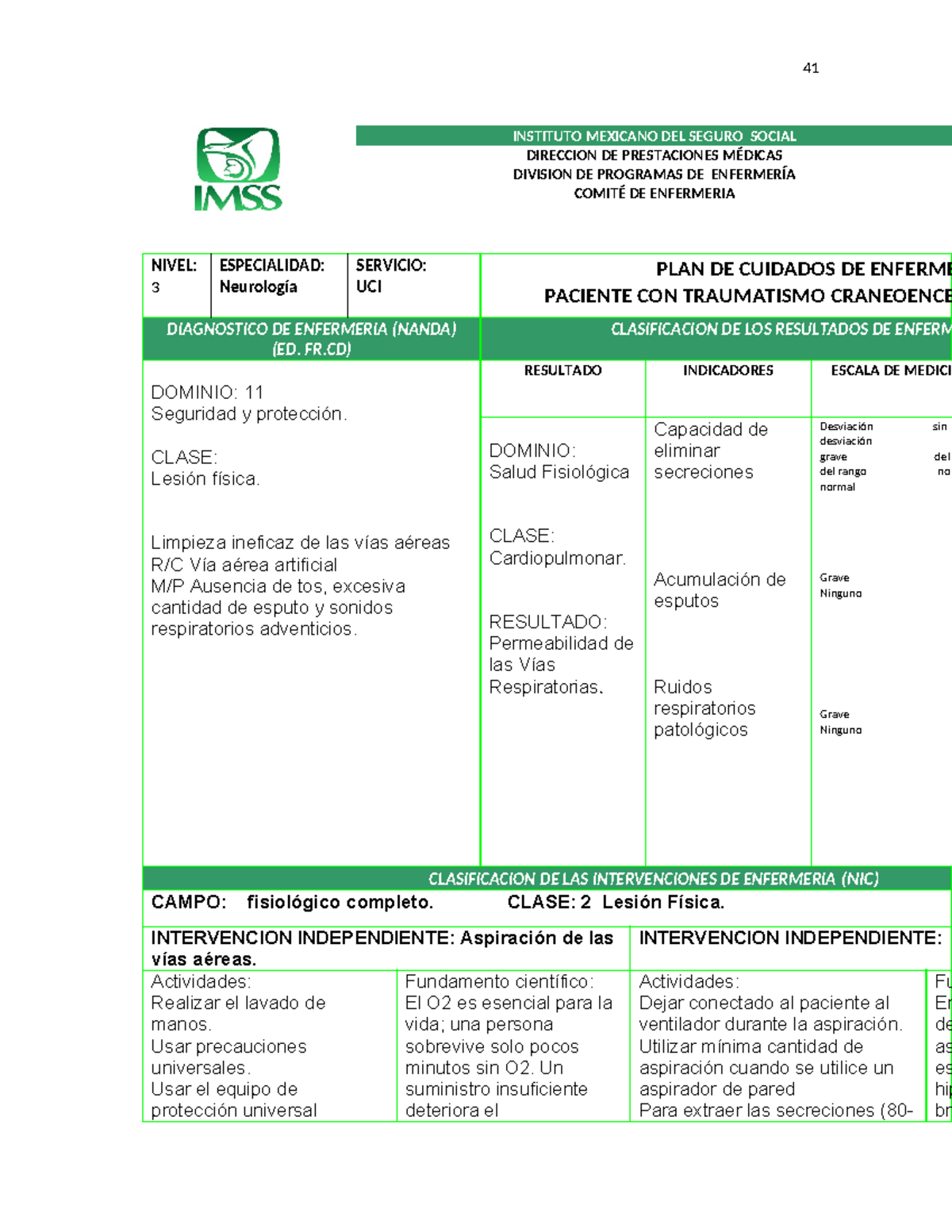 PLAN DE Cuidados DE Enfer Paciente CON T - NIVEL: 3 ESPECIALIDAD: Neurología SERVICIO: UCI PLAN ...