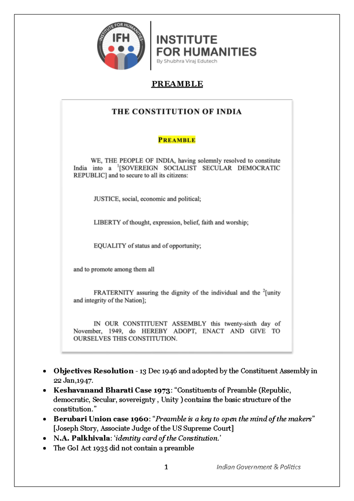 Preamble - 1 Indian Government & Politics PREAMBLE Objectives ...