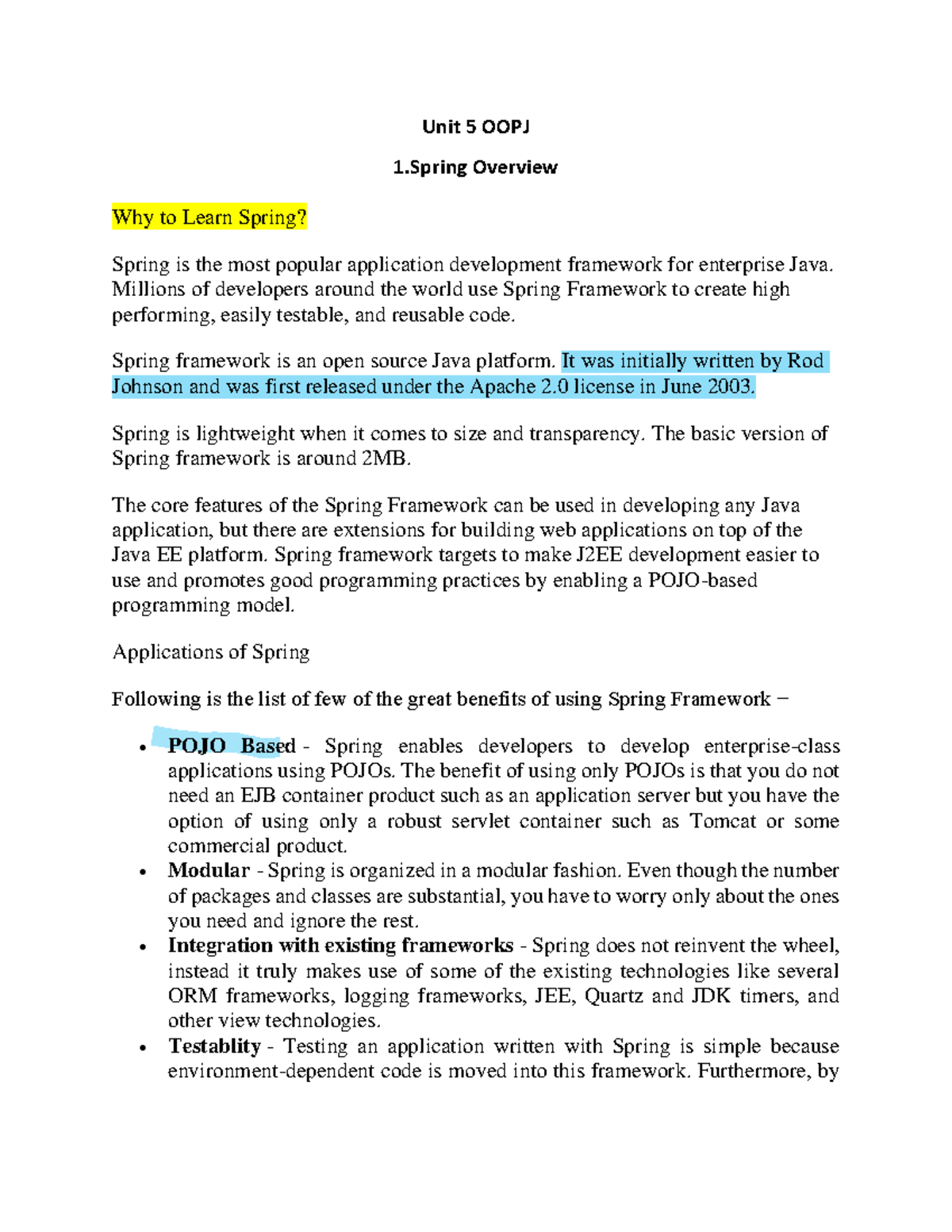 UNIT-5 JAVA - notes - Unit 5 OOPJ 1 Overview Why to Learn Spring ...