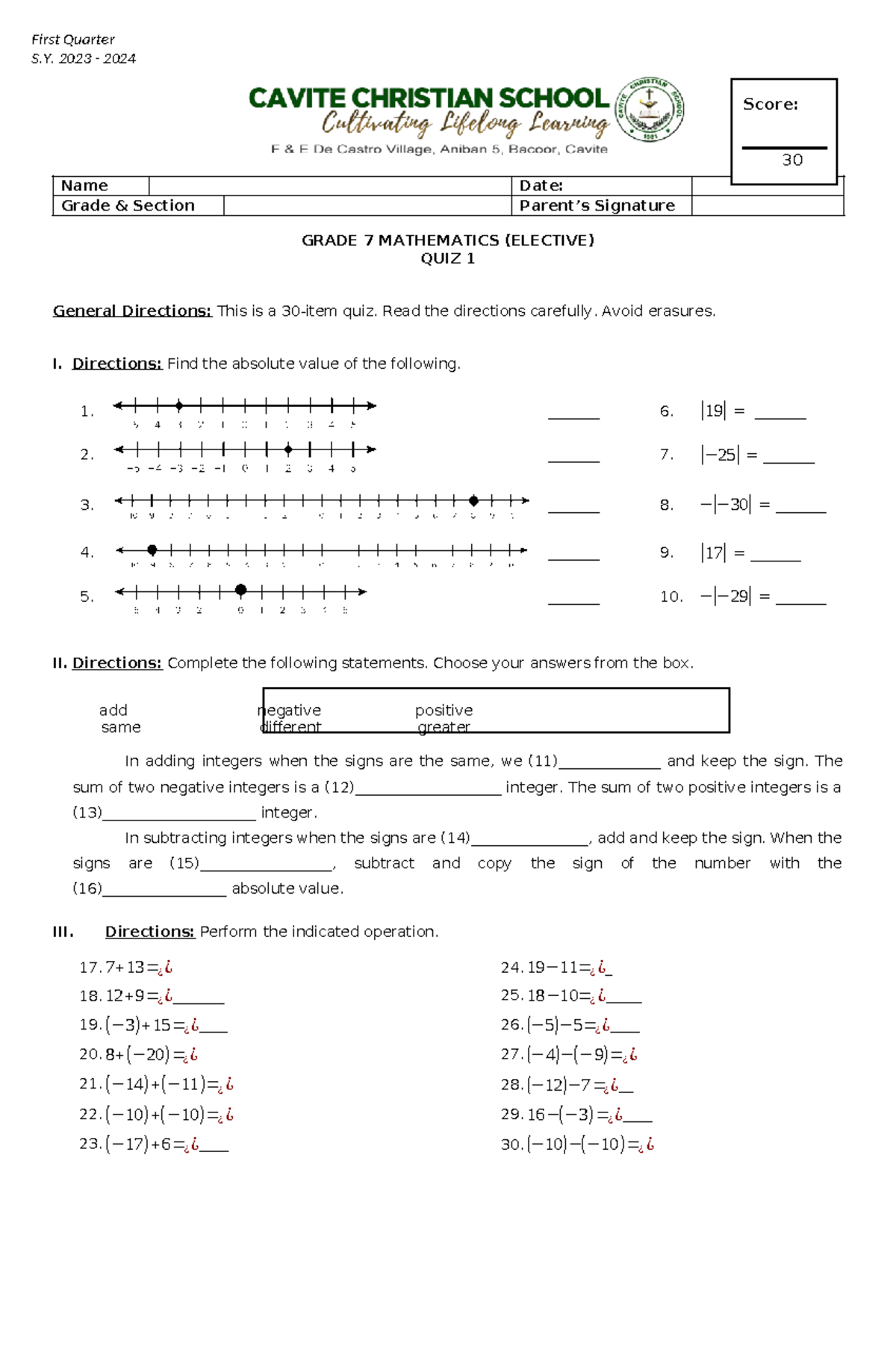 1STQ G7 Elective QUIZ1 - quiz - Name Date: Grade & Section Parent’s ...