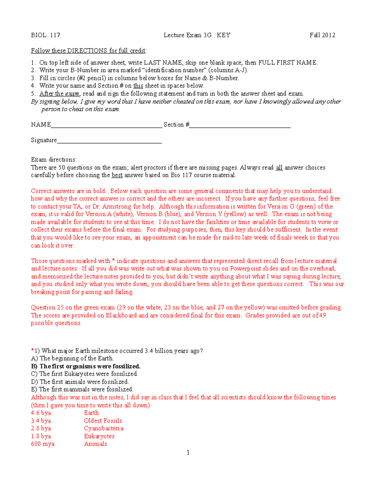 Exam 3A - Test - BIOL. 117 Lecture Exam 3G KEY Fall 2012 Follow these ...