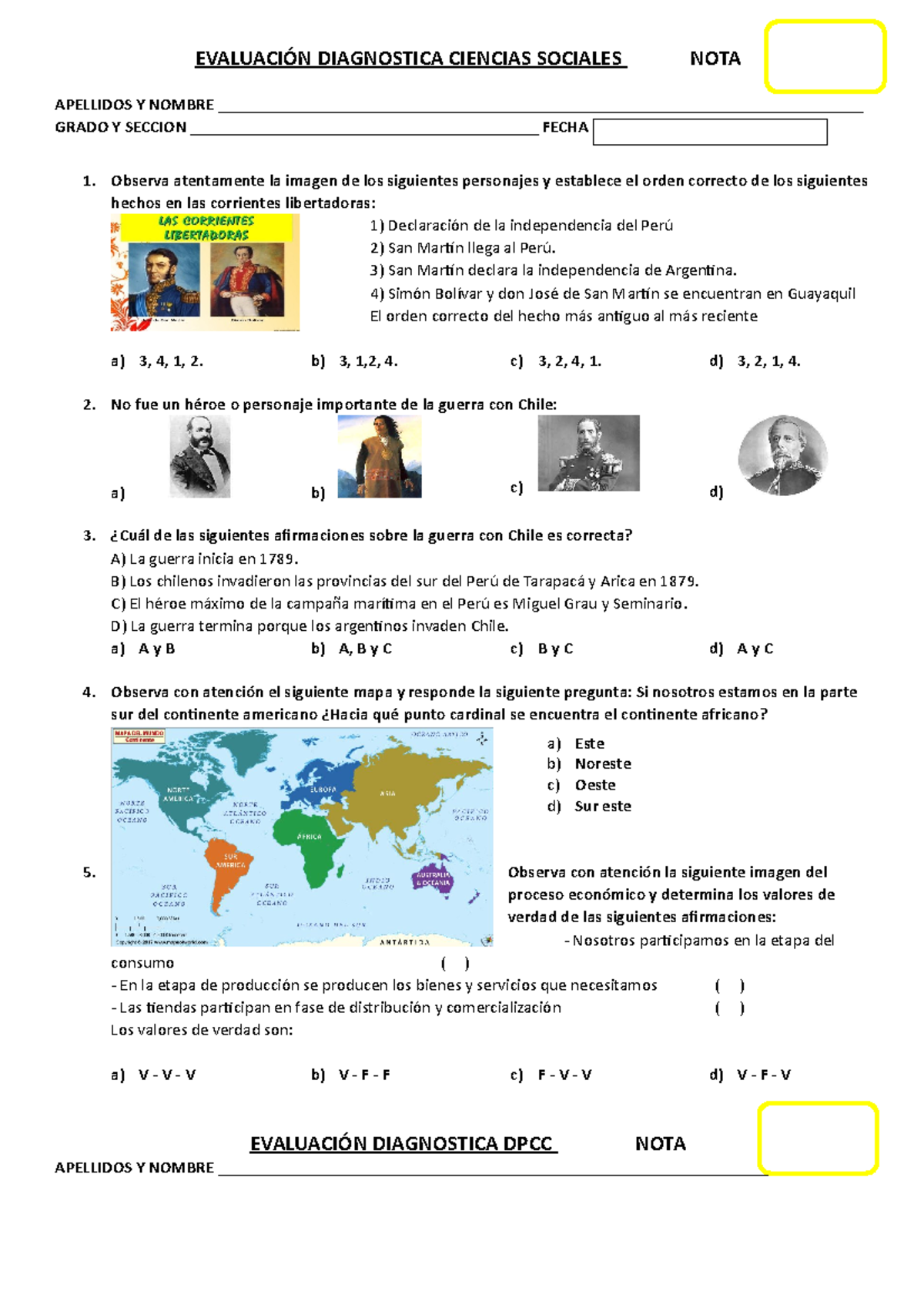 Evaluación Diagnostica Ciencias Sociales NOTA - EVALUACIÓN DIAGNOSTICA CIENCIAS SOCIALES NOTA ...