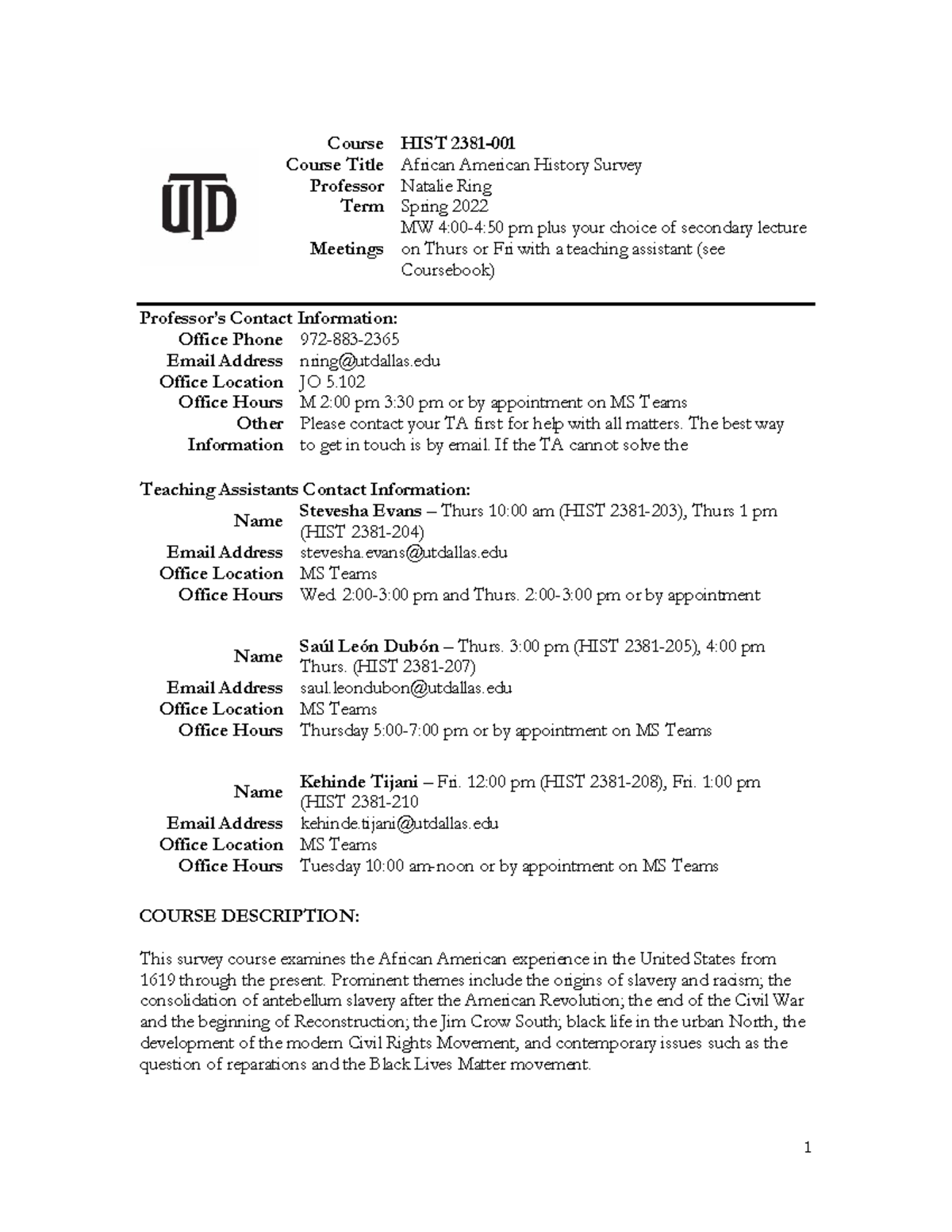 AA - Syllabus - Course HIST 2381- Course Title African American History ...