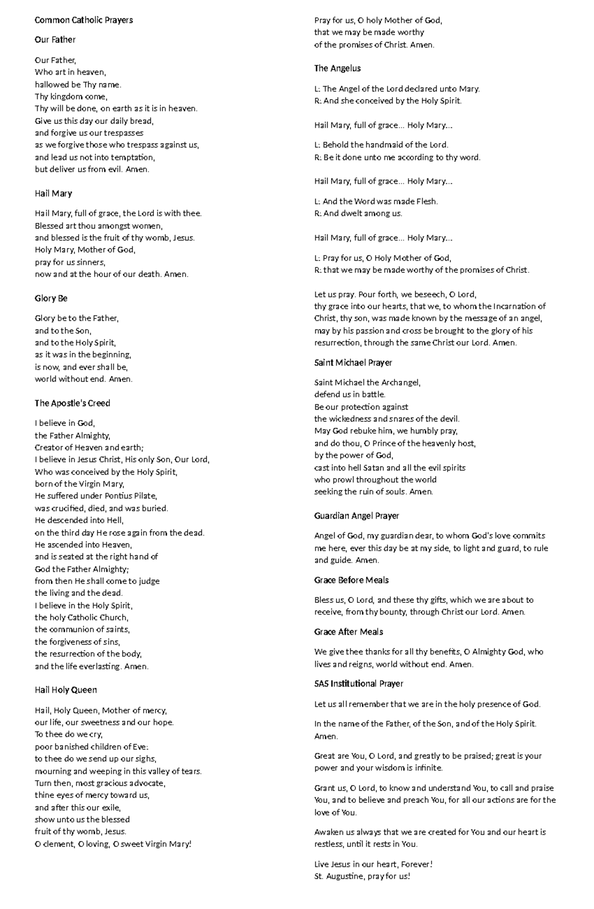 Common-Catholic-Prayers - Common Catholic Prayers Our Father Our Father, Who art in heaven ...