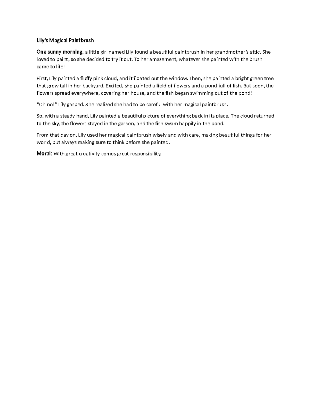 Lily - child story - Lily’s Magical Paintbrush One sunny morning, a ...