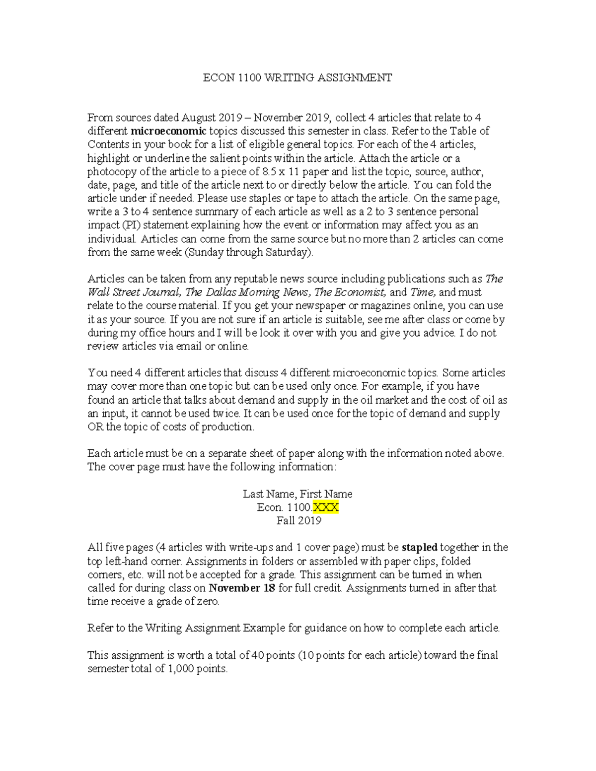Writing Assignment Instructions-ECON 1100 - ECON 1100 WRITING ...