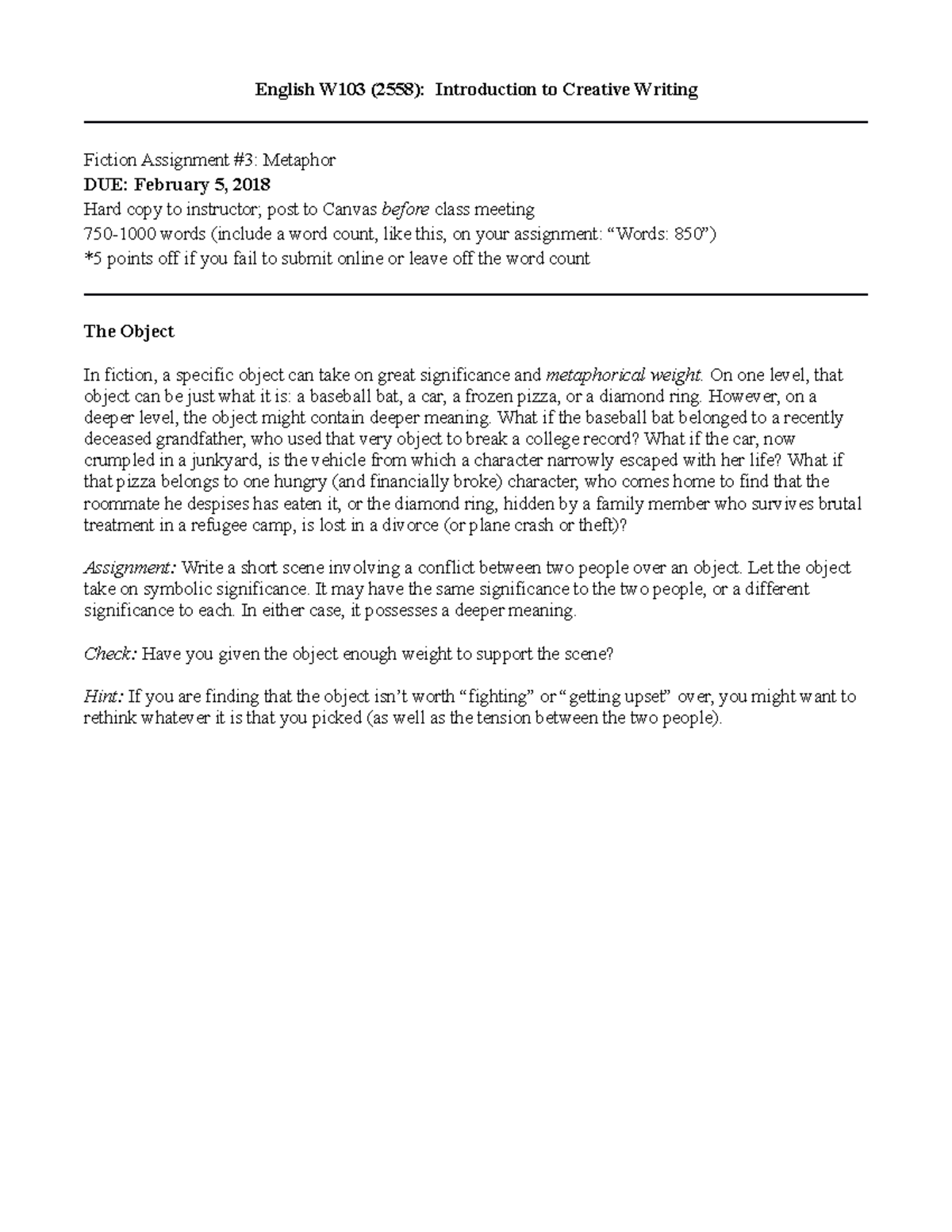 Fiction Assignment#3 - On one level, that object can be just what it is ...