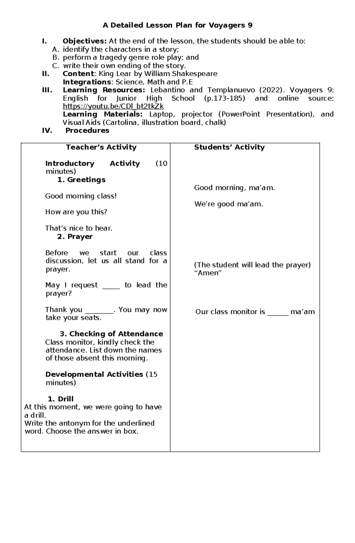 Lesson Plan King Lear - A Detailed Lesson Plan for Voyagers 9 I ...