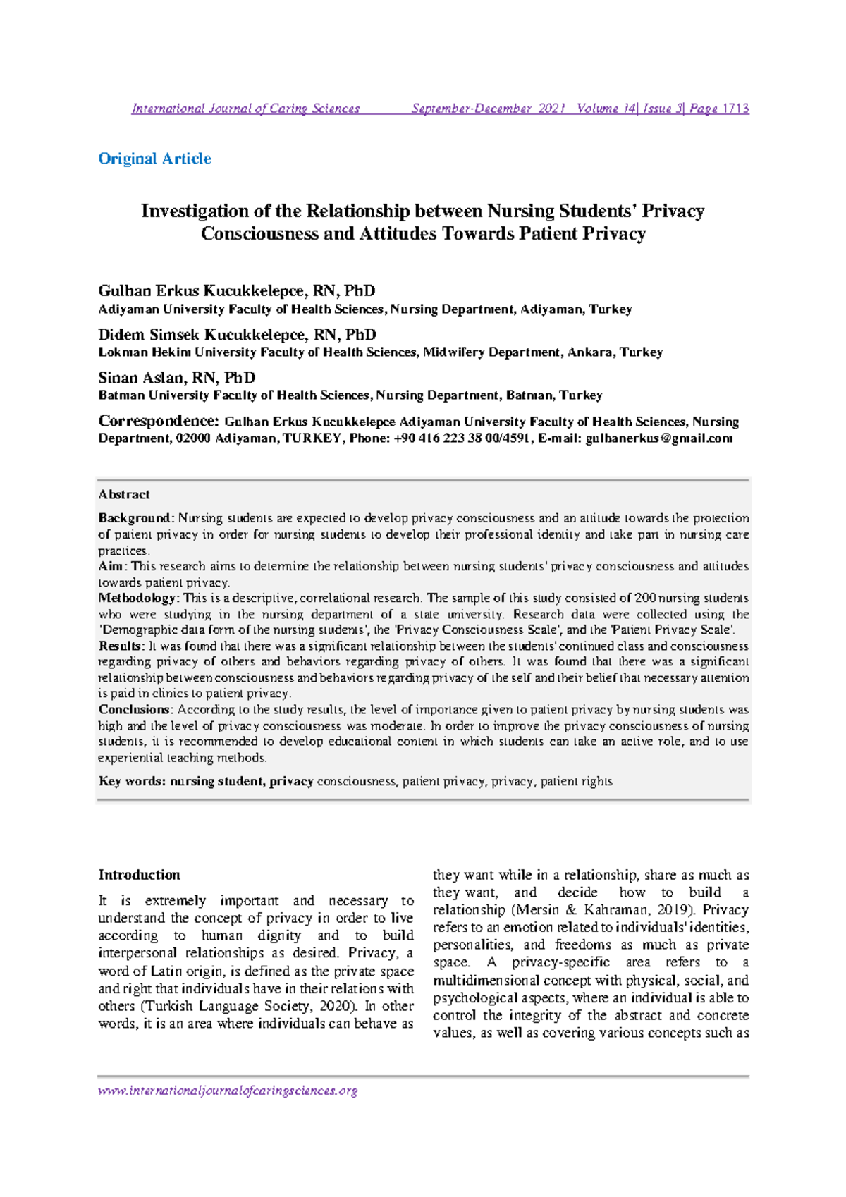 Nursing privacy - sadasd - Original Article Investigation of the ...