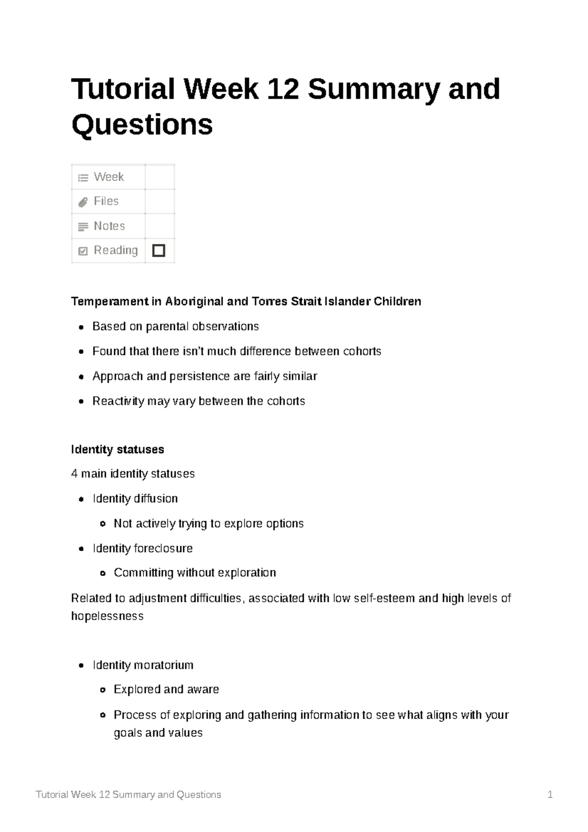 Tutorial W12 Summary and Questions - Tutorial Week 12 Summary and ...
