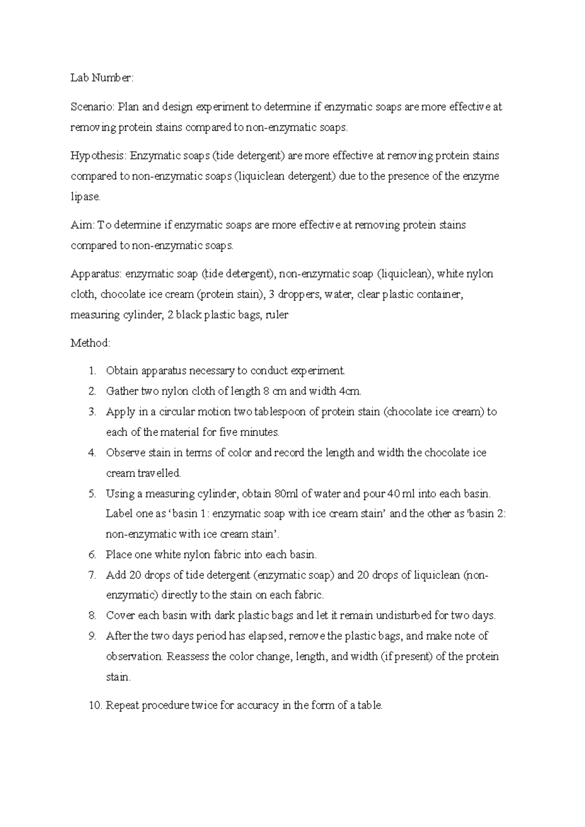 Cape biology planning and designing - Lab Number: Scenario: Plan and ...