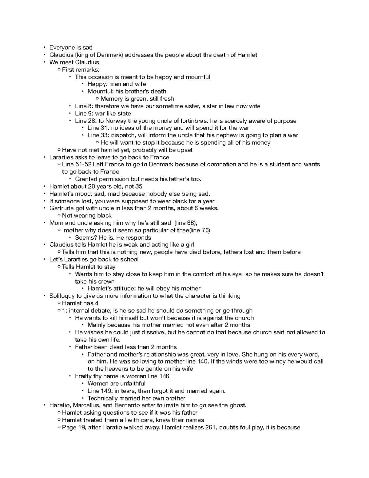 Hamlet notes scene 1, act 2 - Everyone is sad Claudius (king of Denmark ...