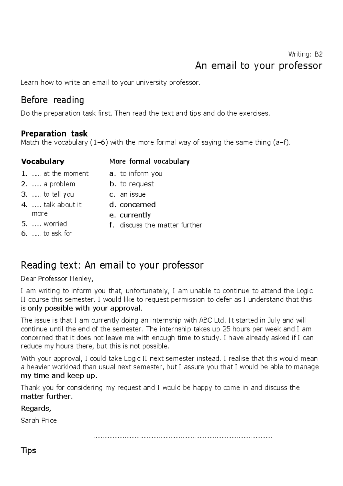 Writing Practice - An email to your professor - Writing: B An email to ...