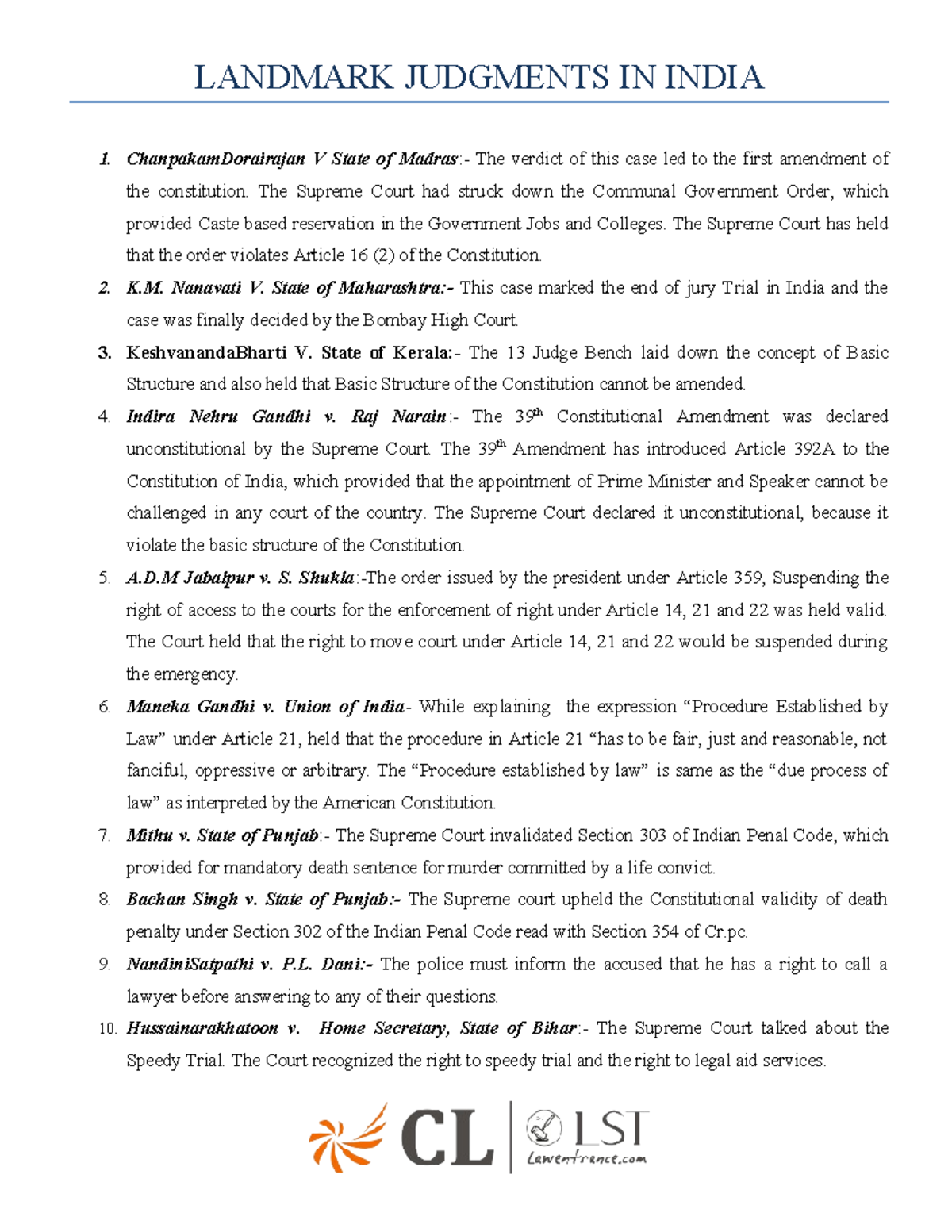 Landmark Judgements in India - LANDMARK JUDGMENTS IN INDIA 1 ...